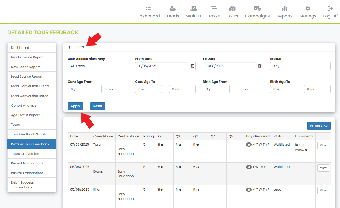 Detailed Tour Feedback Report – Help Centre