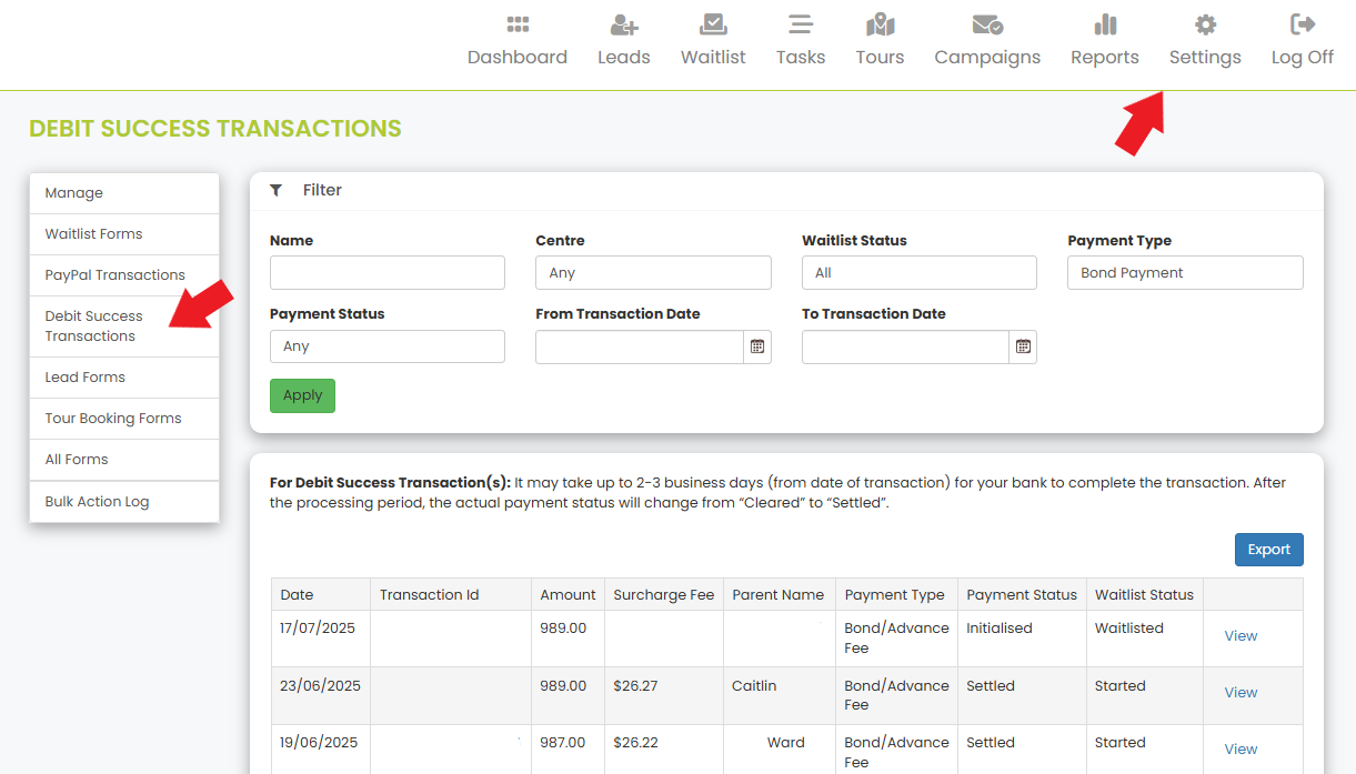 Settings: Debit Success Transactions – Help Centre