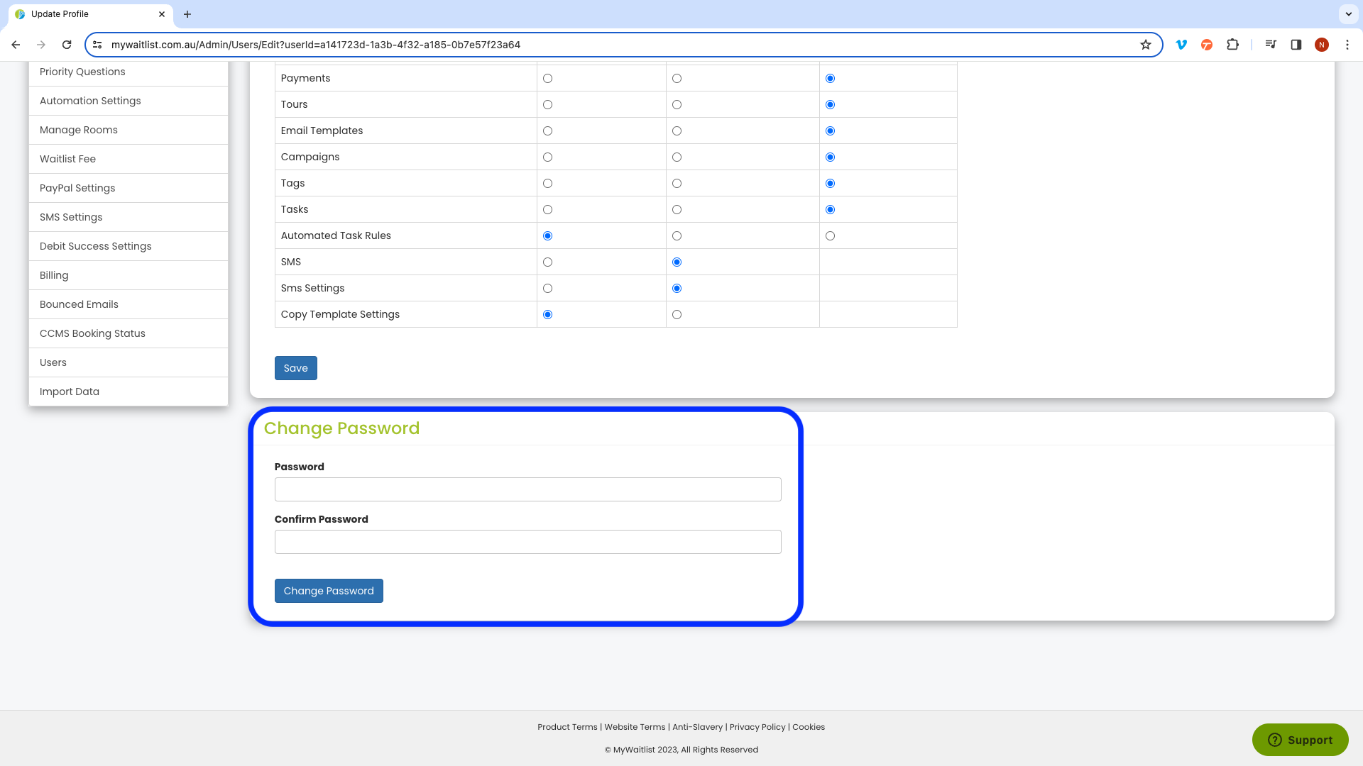 User Management: Change Password – Help Centre