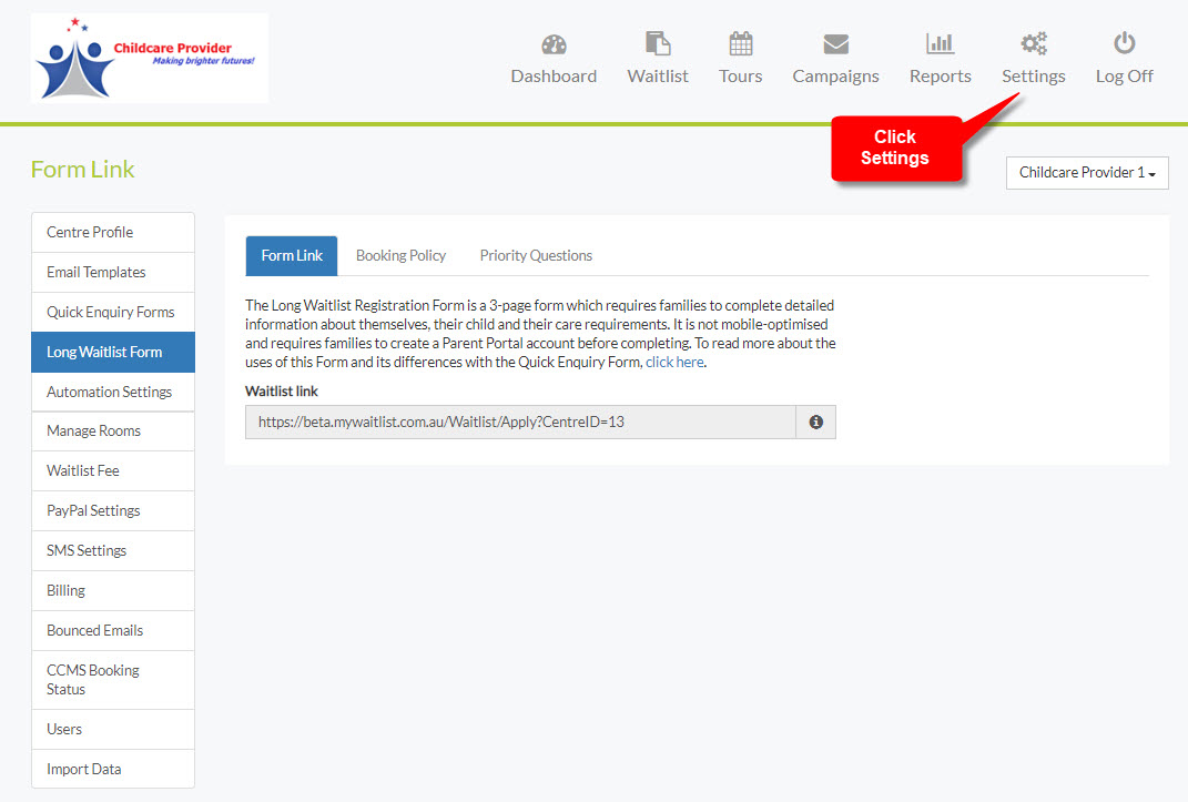 Settings: Long Waitlist Registration Form – Help Centre